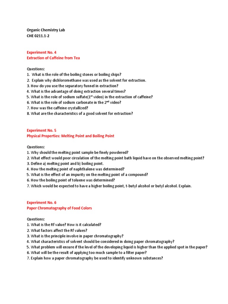 Experiment No 4 Extraction Of Caffeine From Tea Organic Chemistry Lab Che 0211 1 2 Pdf