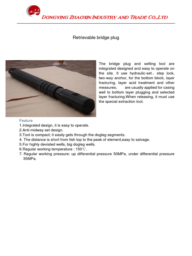Dongying Zhaoxin Industry and Trade Co.,Ltd: Retrievable Bridge Plug ...