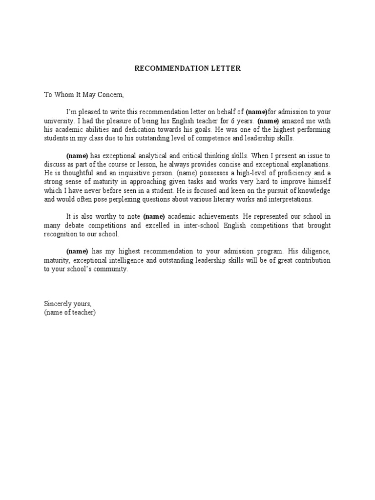 RECOMMENDATION LETTER