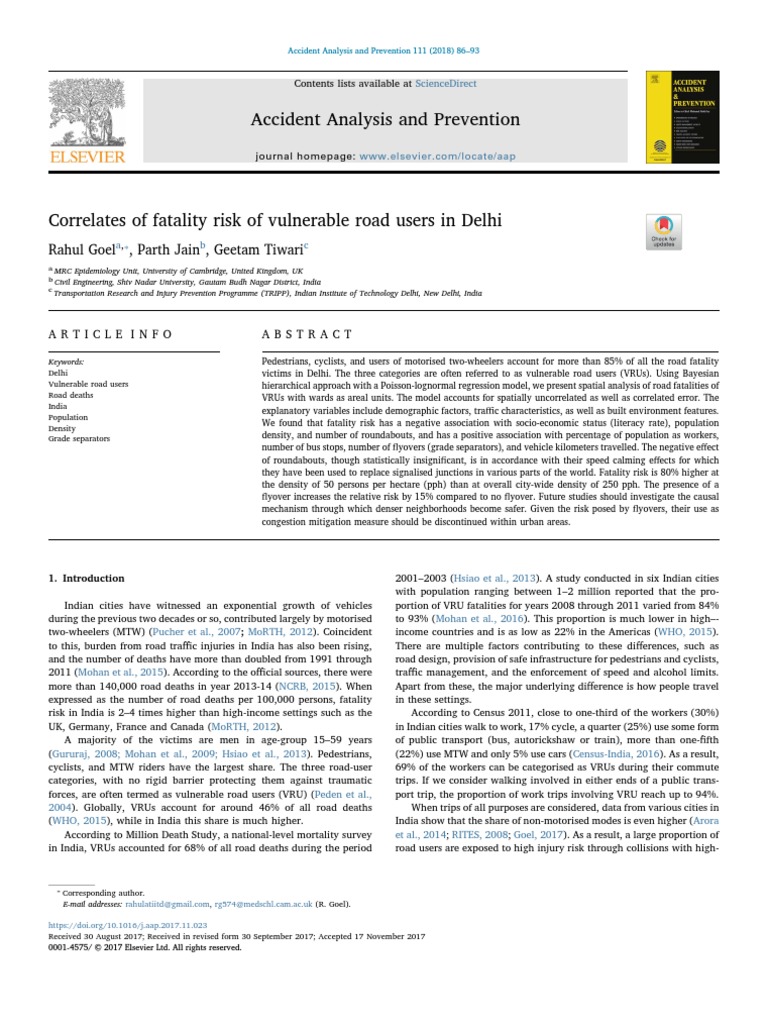 Correlates of Fatality Risk of Vulnerable Road Users in Delhi | PDF ...
