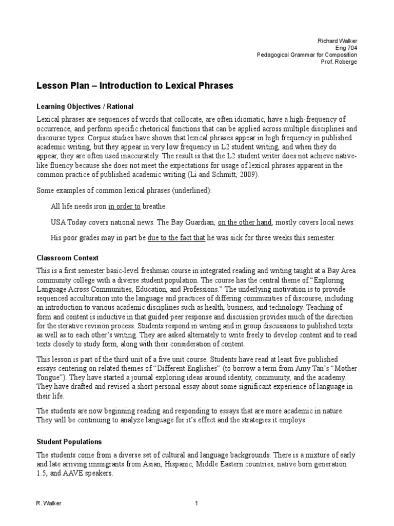 Lesson Plan Lexical Phrases | PDF | Phrase | Sentence (Linguistics)