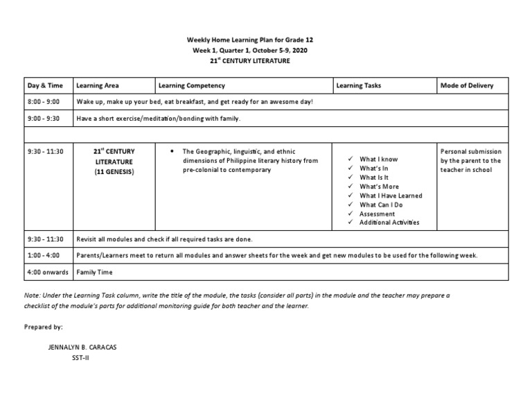 Weekly Home Learning Plan For Grade 12 Week 1, Quarter 1, October 5-9 ...