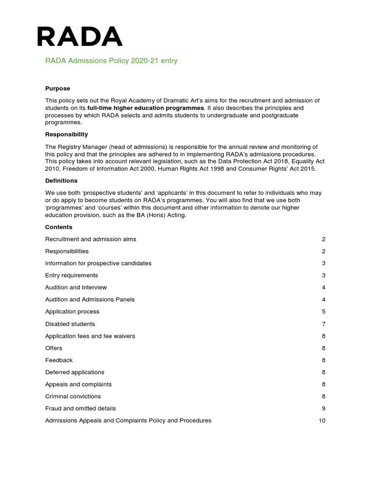 RADA Admissions Policy 2020-21 Entry: Purpose | PDF | Audition ...