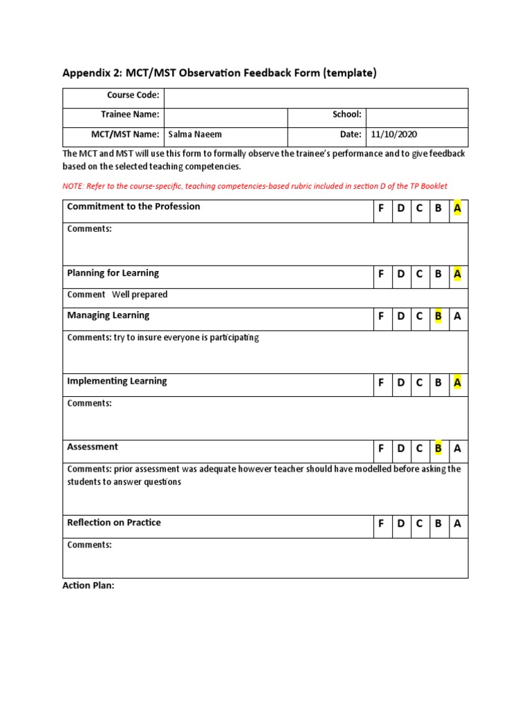 Appendix 2: MCT/MST Observation Feedback Form (Template) : Commitment ...