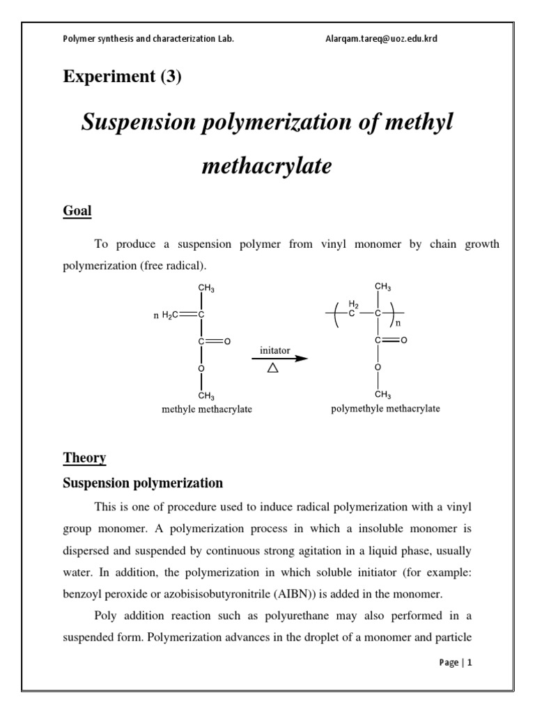 Suspension Polymerization of Methyl Methacrylate PDF | PDF ...