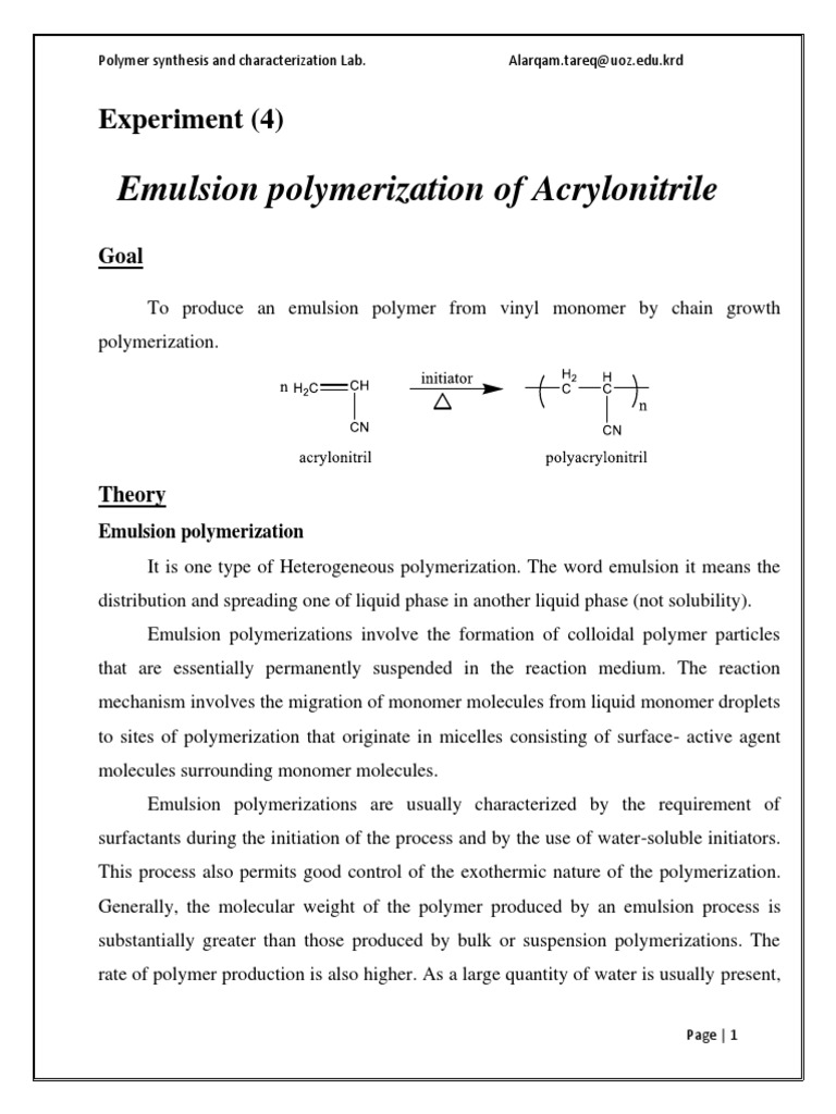 Emulsion Polymerization of Acrylonitrile PDF | PDF | Polymerization ...