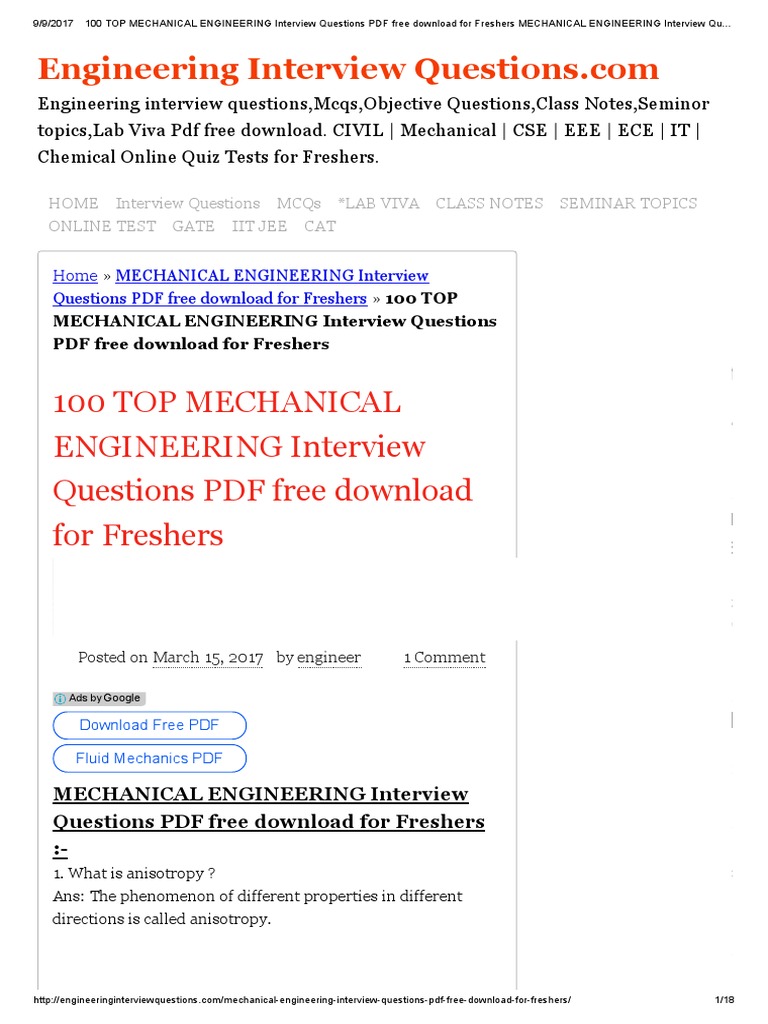 100 Top Mechanical ENGINEERING Interview Questions PDF Free Download ...