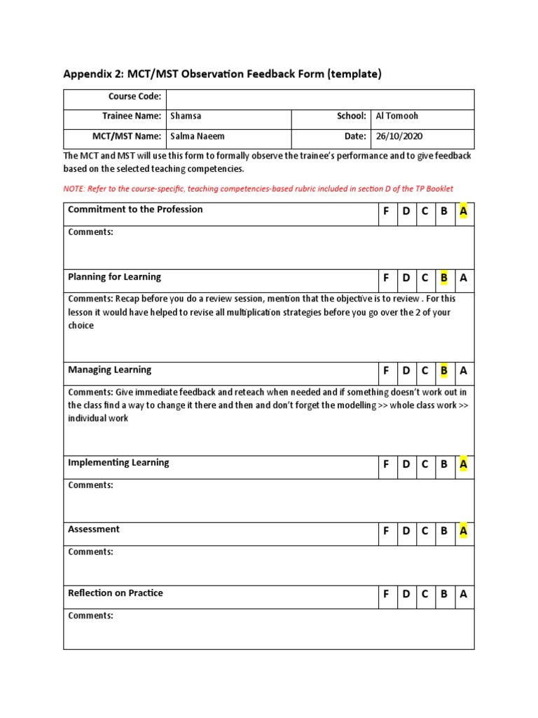 Appendix 2: MCT/MST Observation Feedback Form (Template) : Commitment ...