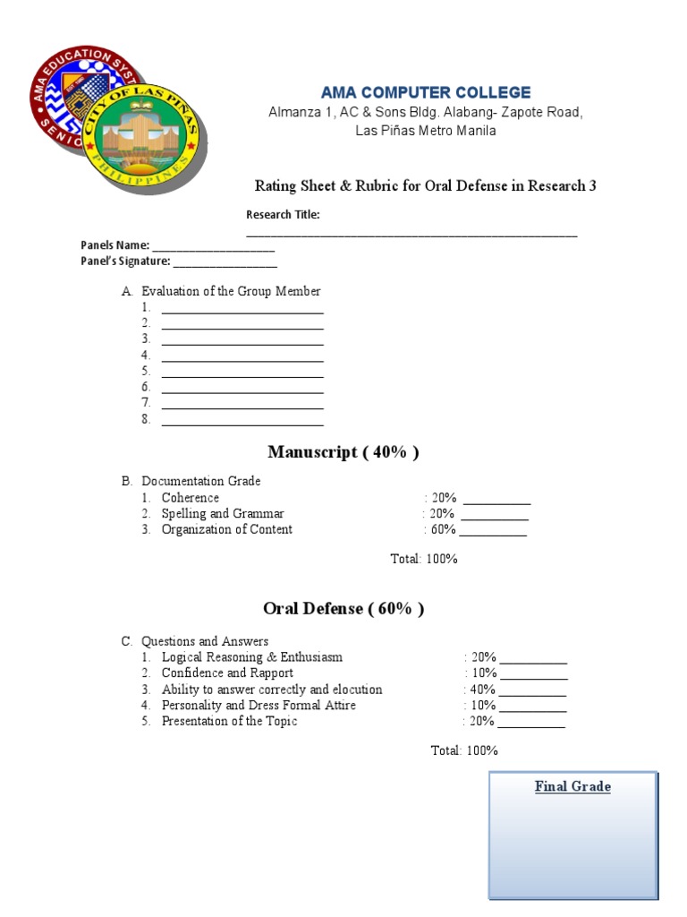 Rating Sheet & Rubric For Oral Defense in Research 3: Manuscript (40% ...