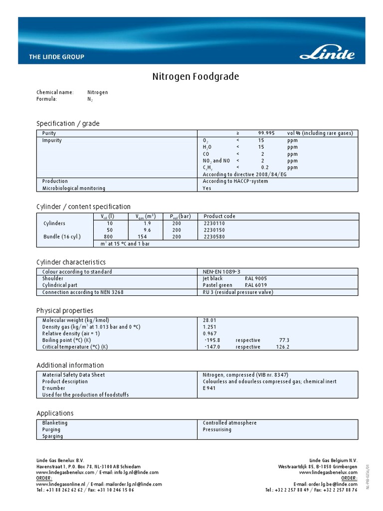 Food Grade Nitrogen Specifications | PDF | Nitrogen | Gases