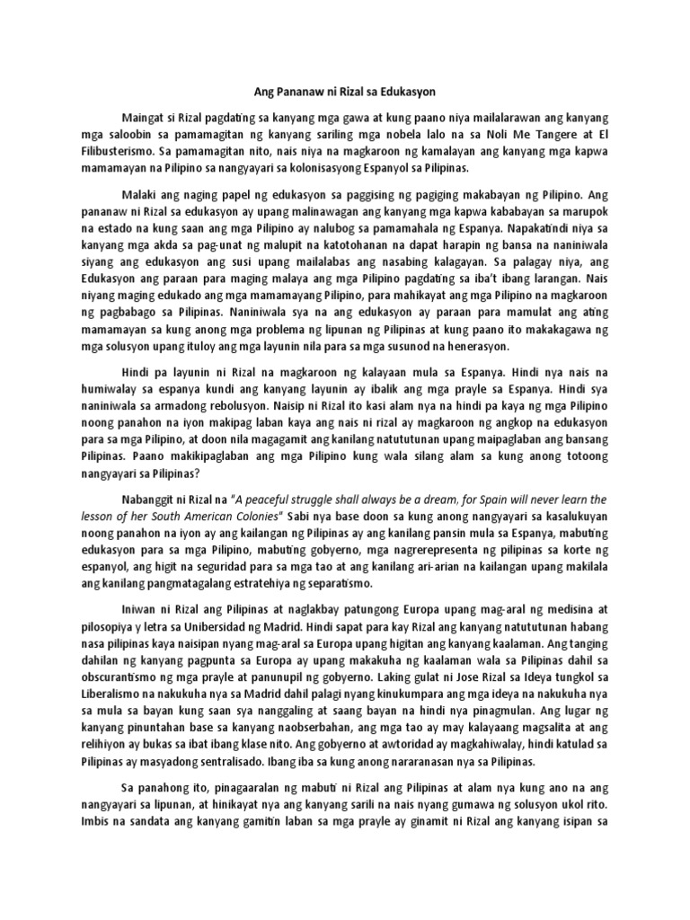 Ang Pananaw Ni Rizal Sa Edukasyon | PDF