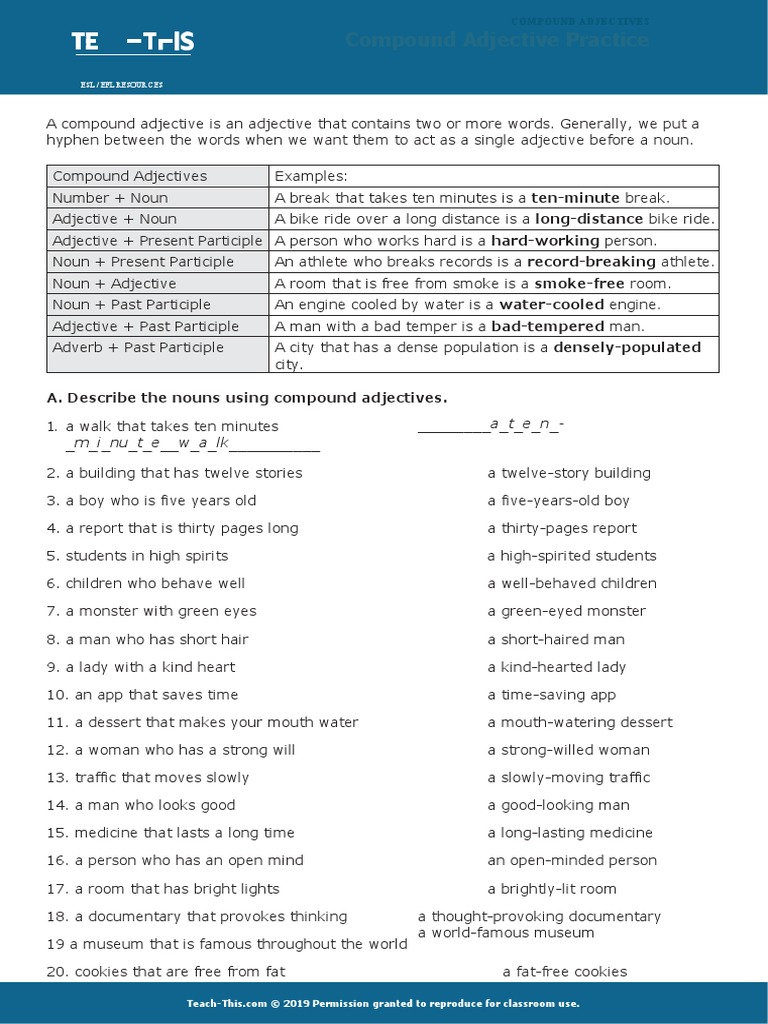 Compound Adjective Practice | PDF | Adjective | Grammar