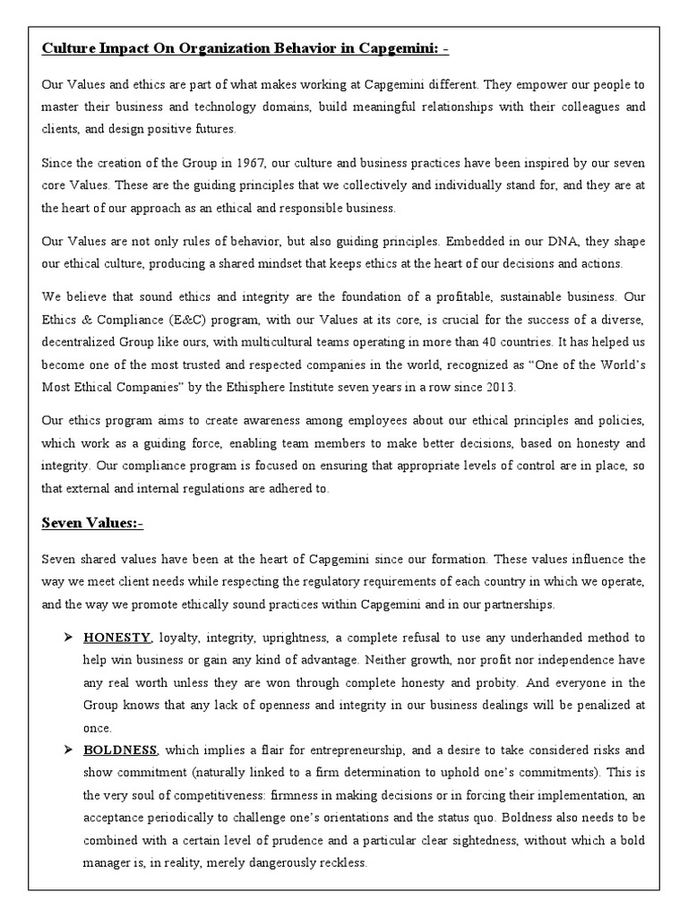 Culture Impact On Organization Behavior in Capgemini | PDF | Value ...