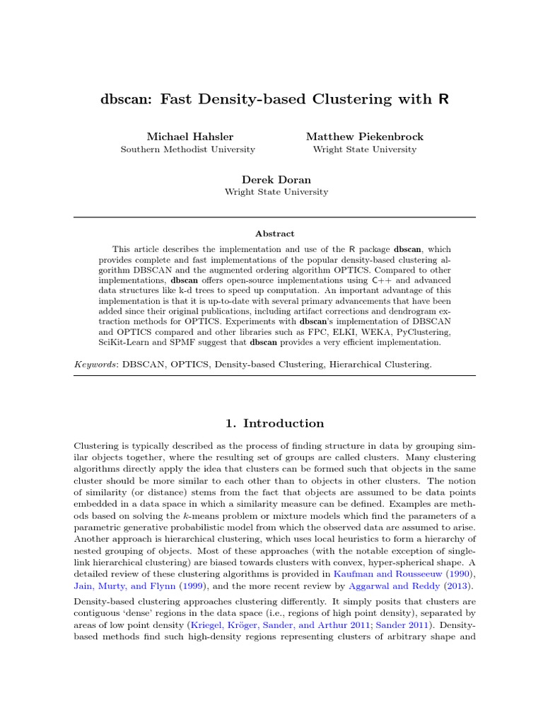 Dbscan: Fast Density-Based Clustering With R: Michael Hahsler Matthew Piekenbrock | PDF ...