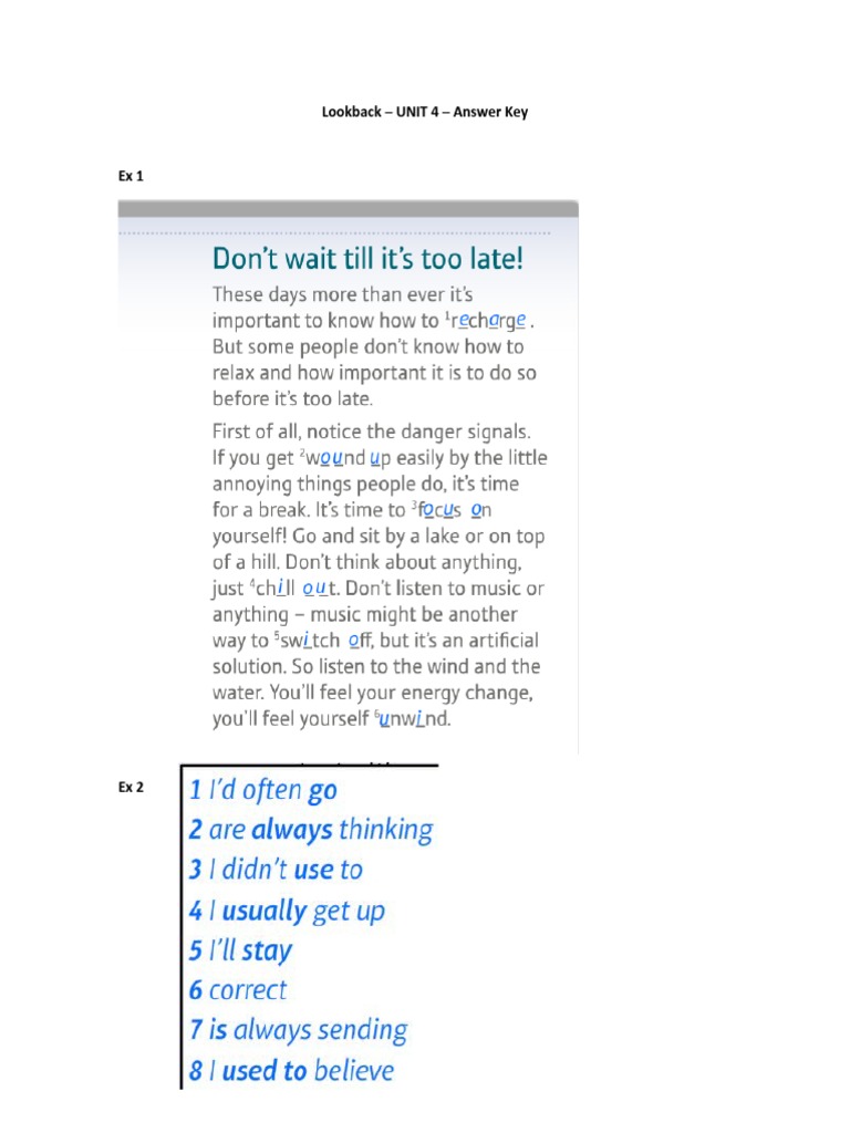 Lookback - UNIT 4 - Answer Key | PDF
