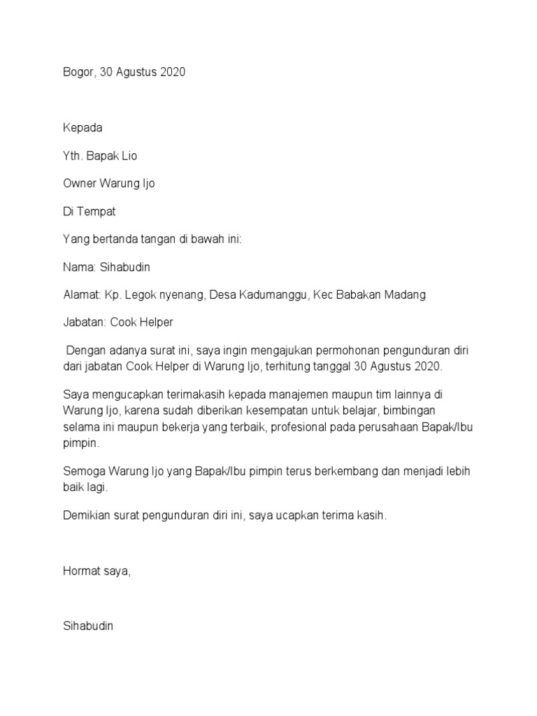 Contoh Surat Pengunduran Diri PDF | PDF