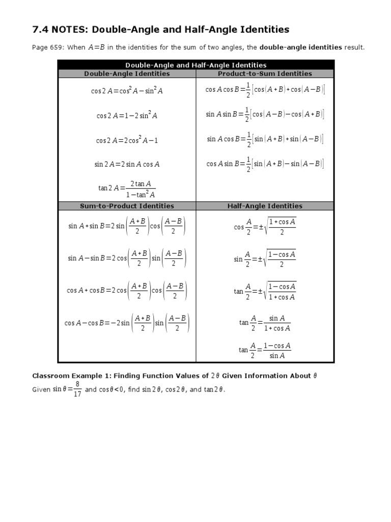 7.4 Notes Double-Angle and Half-Angle Identities | PDF | Trigonometric ...