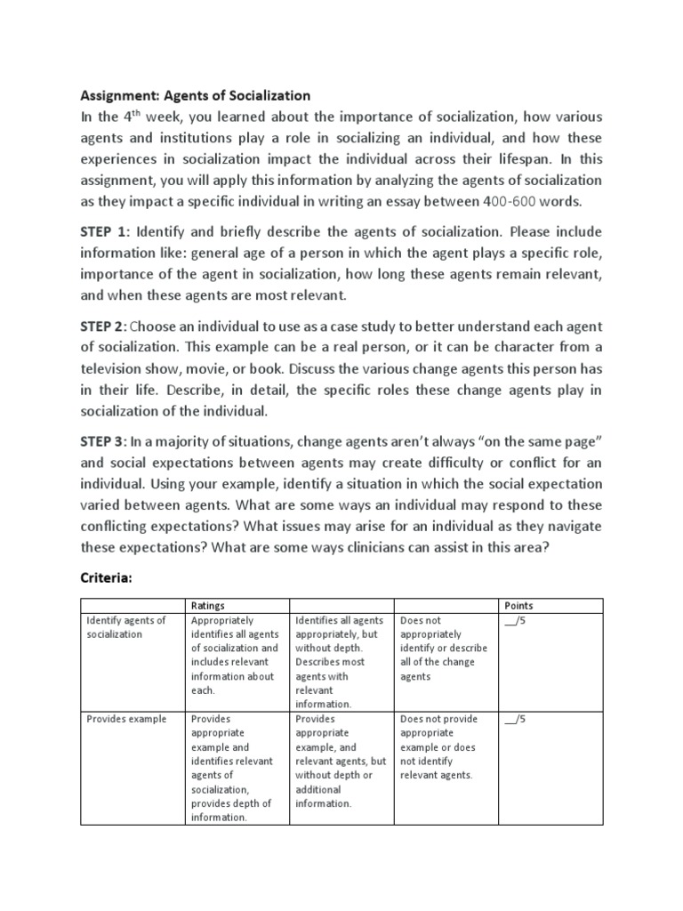 Assignment: Agents of Socialization: Criteria | PDF | Socialization ...