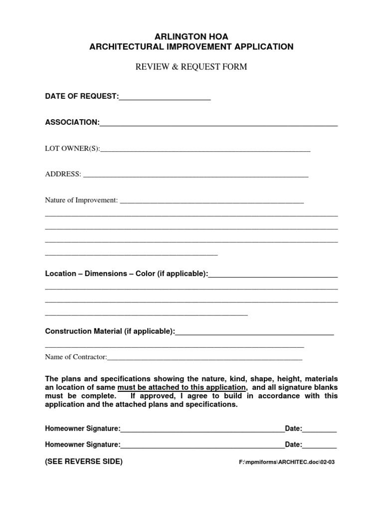 Arlington HOA Improvement Application | PDF | Government | Business