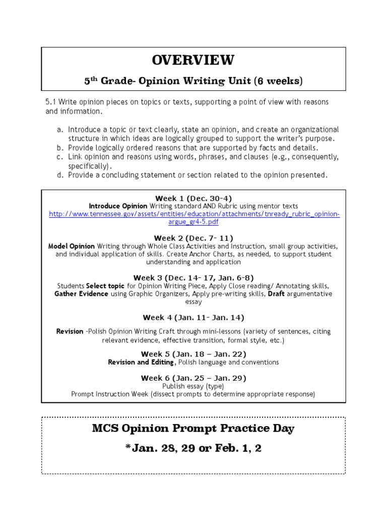 5 Grade-Opinion Writing Unit (6 Weeks) : MCS Opinion Prompt Practice ...
