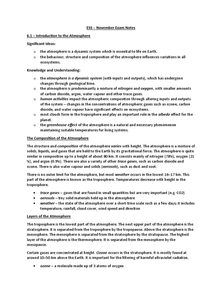 ESS - November Exam Notes | PDF | Smog | Atmosphere Of Earth