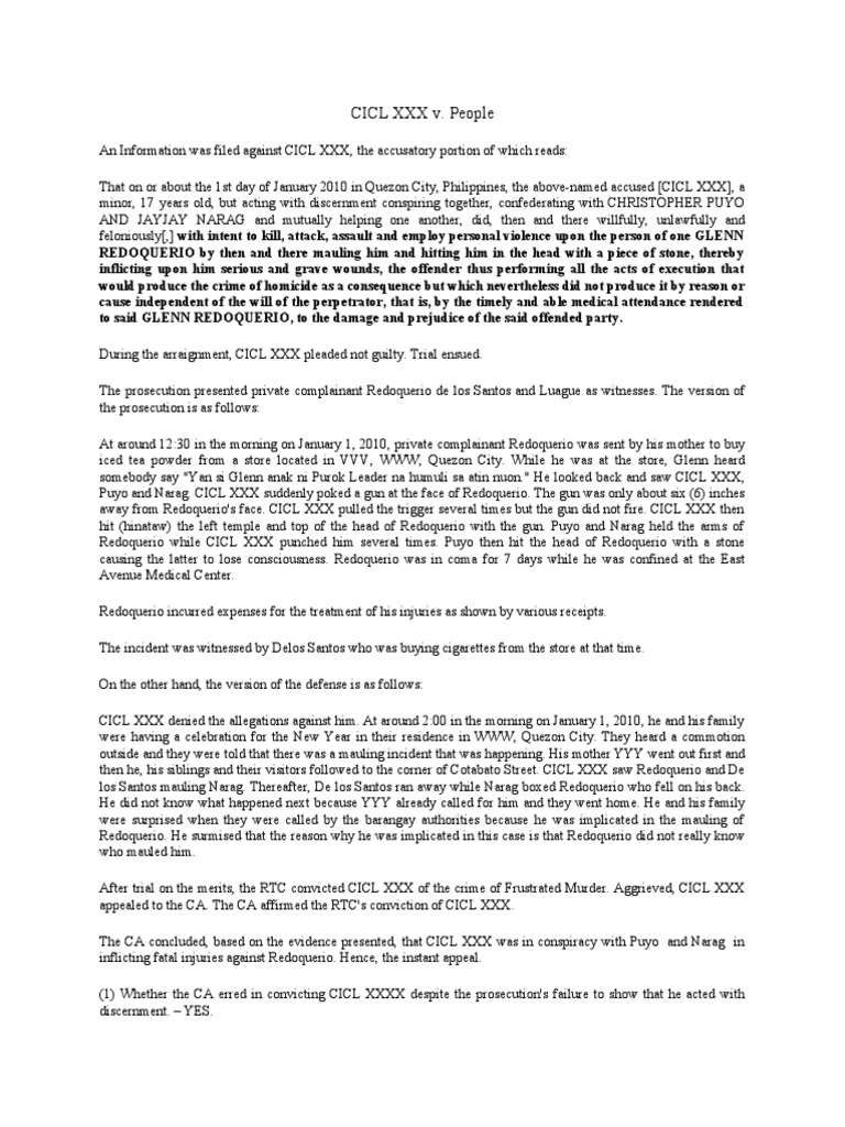 CICL v. People Case Digest | PDF | Intention (Criminal Law) | Evidence