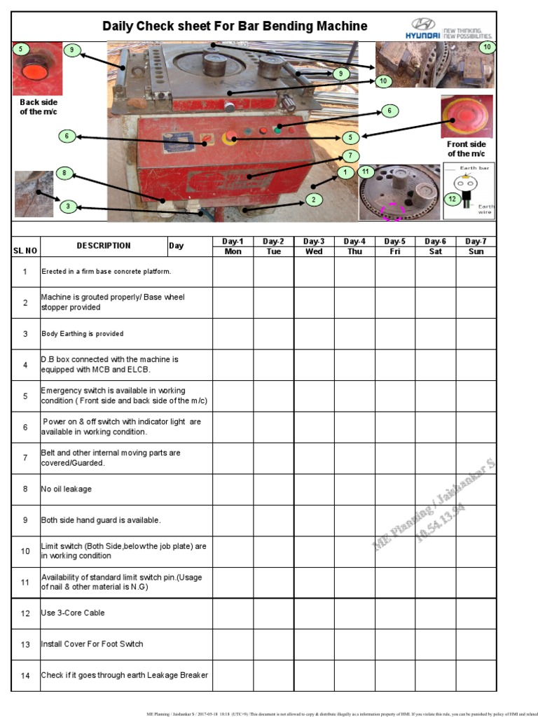 Daily Check Sheet For Bar Bending Machine: Back Side of The M/C ...
