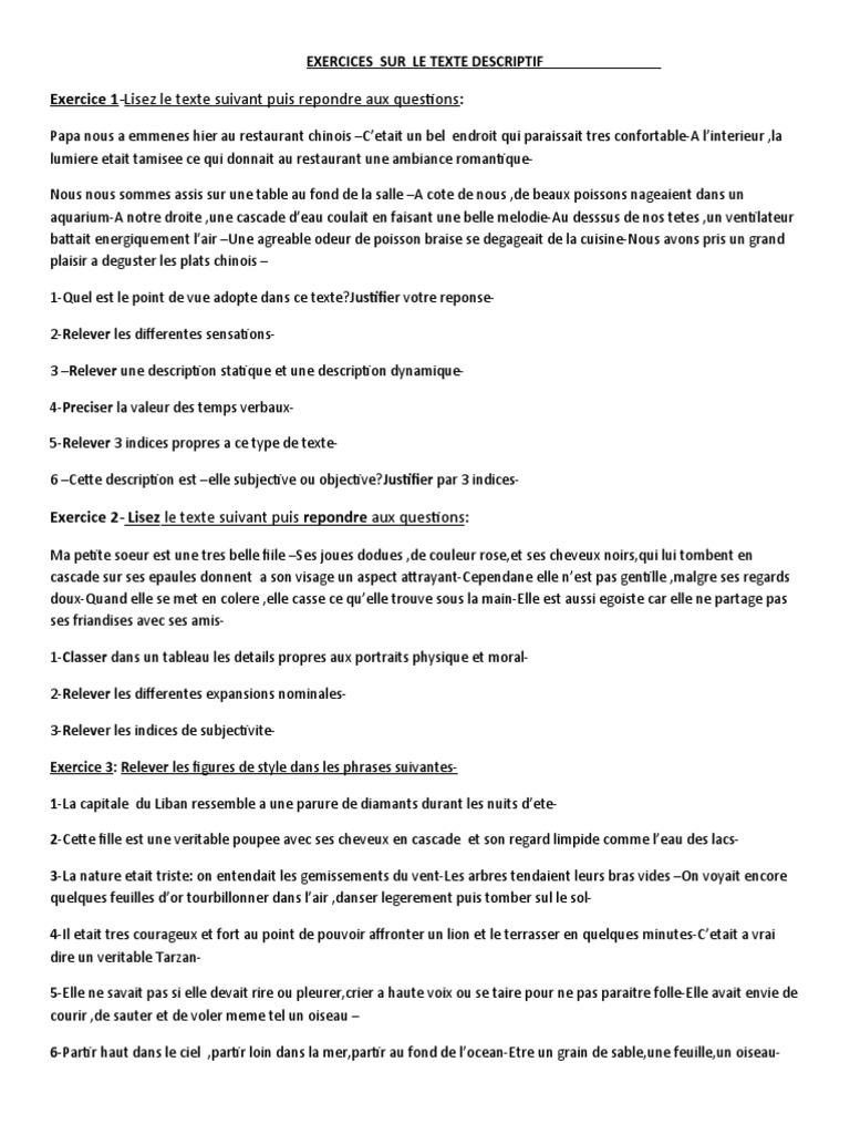 Exercices sur le texte descriptif | PDF