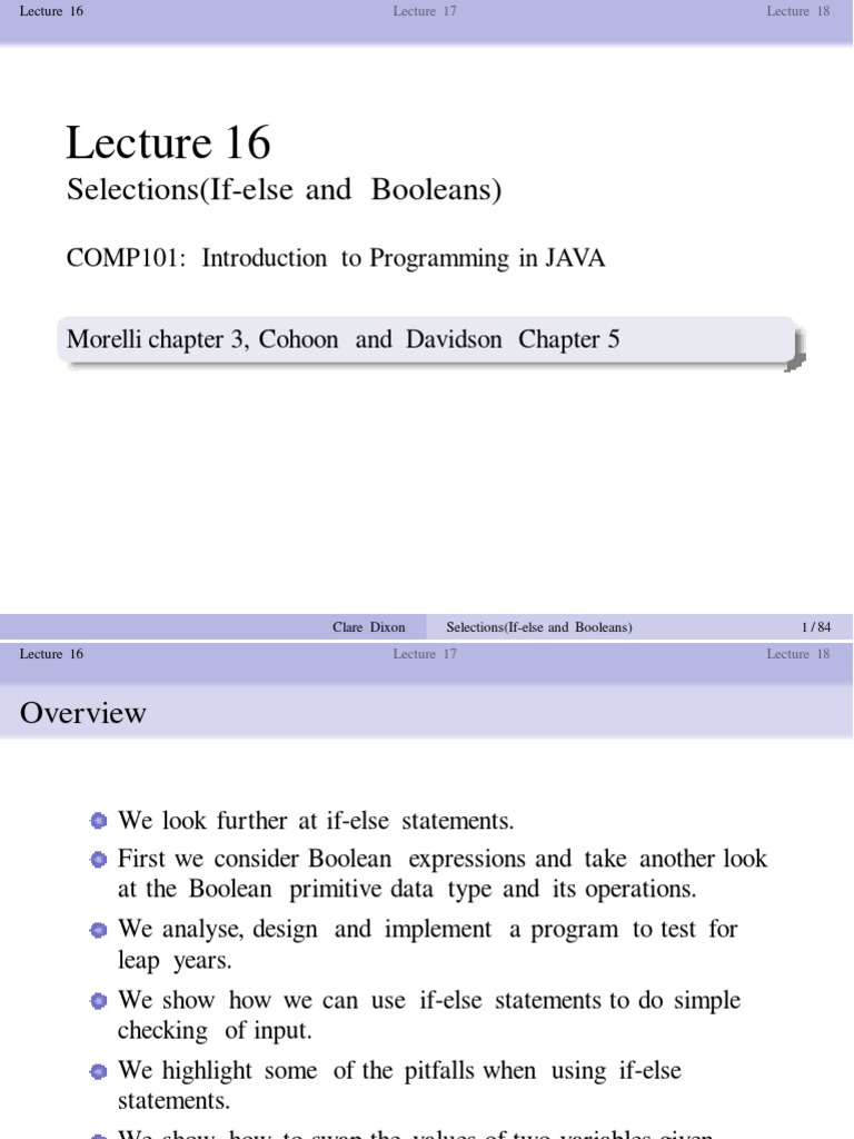 Selections If Else And Booleans Comp101 Introduction To Programming In Java Pdf Boolean
