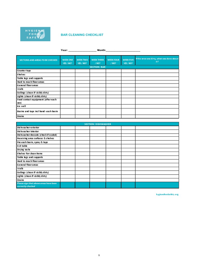Weekly Bar Cleaning Checklist Template | PDF | Dishwasher | Refrigerator