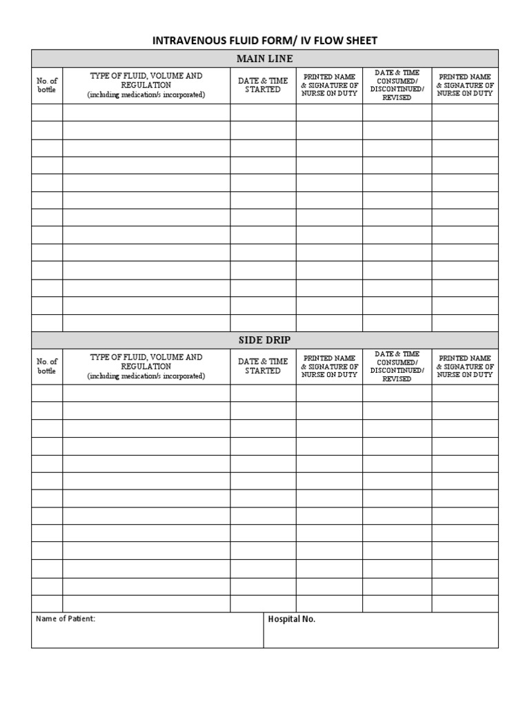 Intravenous Fluid Form/ Iv Flow Sheet: Main Line | PDF