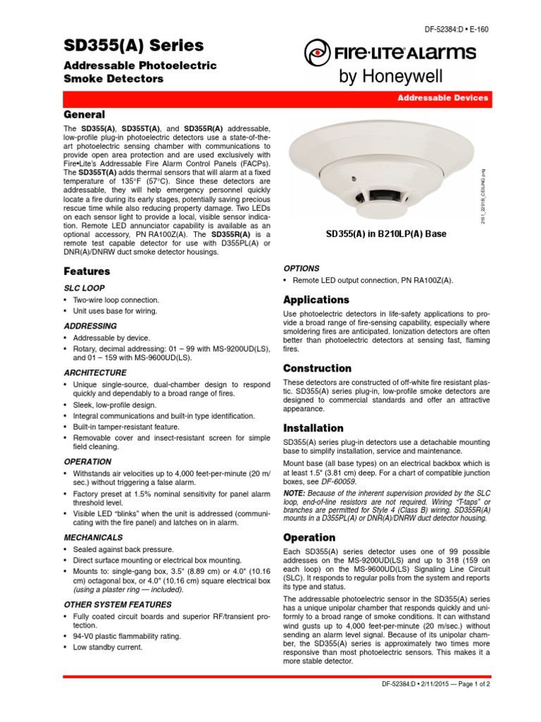DF-52384 SD355 (A) Series Addressable Photoelectric Smoke Detectors DataSheet | PDF | Electrical ...