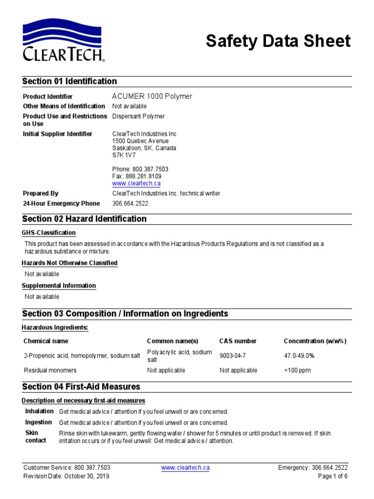 ACUMER 1000 Polymer CTI SDS Oct 30, 19 | PDF | Personal Protective ...