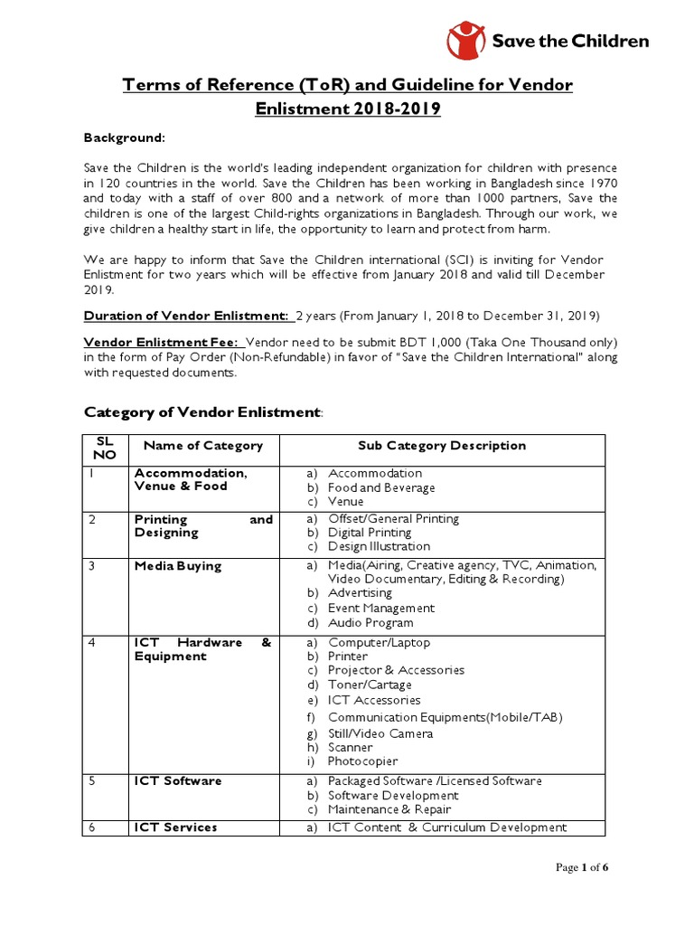 Terms of Reference (Tor) and Guideline For Vendor Enlistment 2018-2019 ...