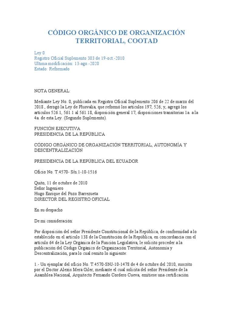 Código Orgánico de Organización Territorial, Cootad | PDF | Ecuador ...