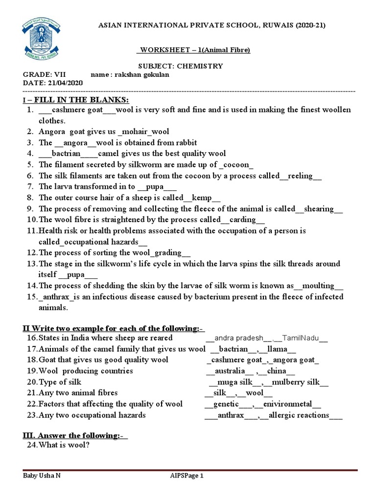 Chemistry Work Sheet-Grade 7 (Animal Fibre) | PDF | Wool | Fibers