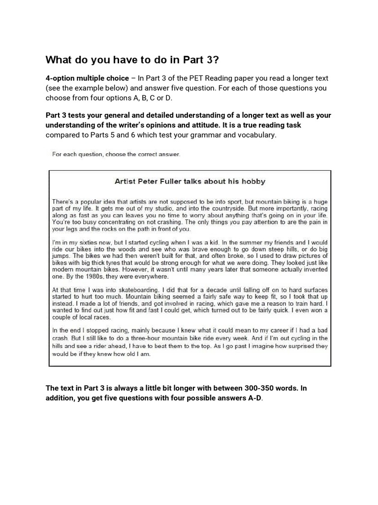 PET Reading 3 - 2020 | PDF | Question | Test (Assessment)