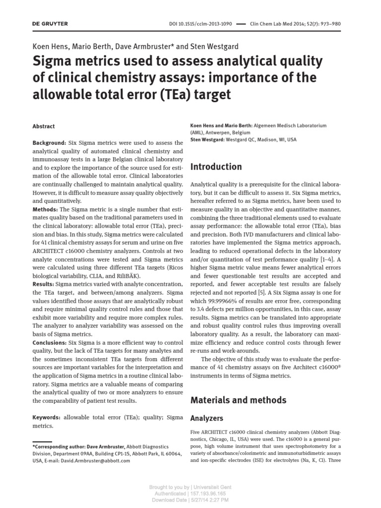 Sigma Metrics Used To Assess Analytical Quality of Clinical Chemistry ...