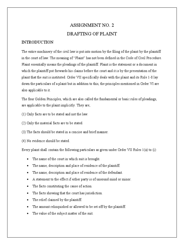 Assignment No. 2 Drafting of Plaint | Download Free PDF | Pleading ...