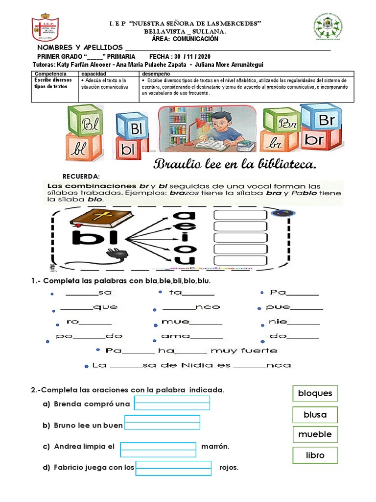 Ficha - Comunicación - Sílabas BR y BL | PDF