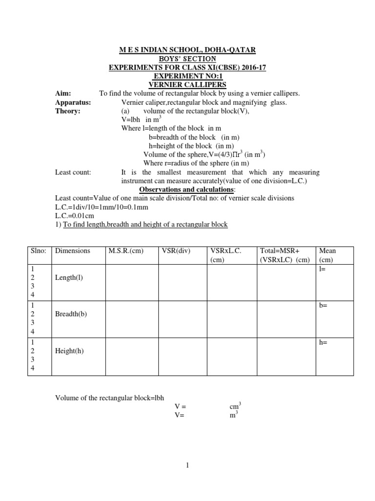 M E S Indian School, Doha-Qatar Boys' Section Experiments For Class Xi ...