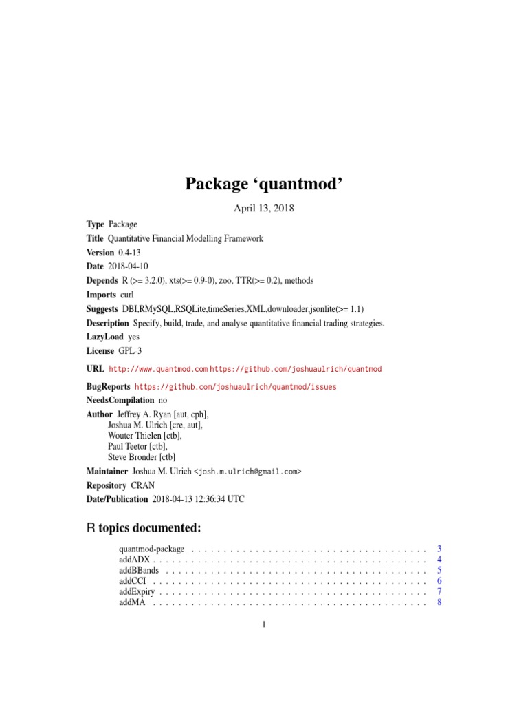 Package Quantmod': R Topics Documented | PDF | Parameter (Computer Programming) | Moving Average