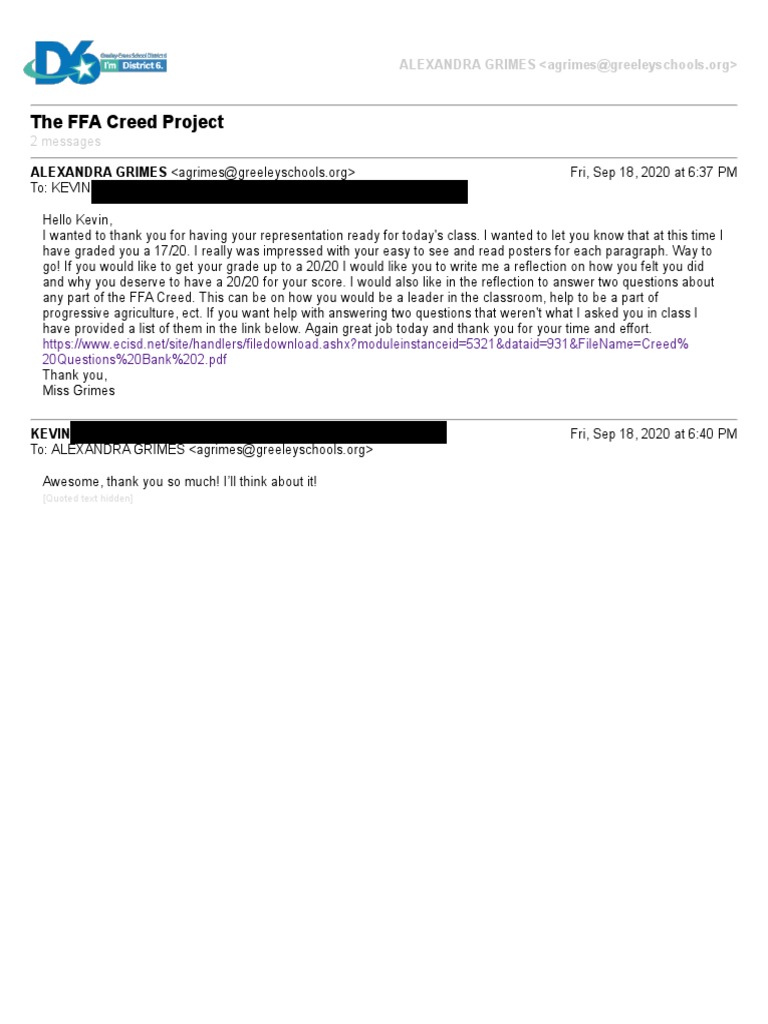 FFA Creed Project Feedback and Reflection | PDF