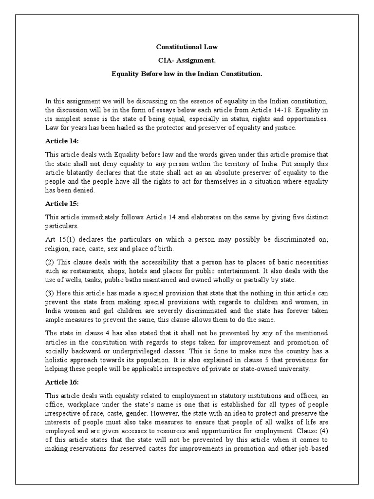 Constitutional Law Essay On Equality | PDF | Caste | Applied Ethics