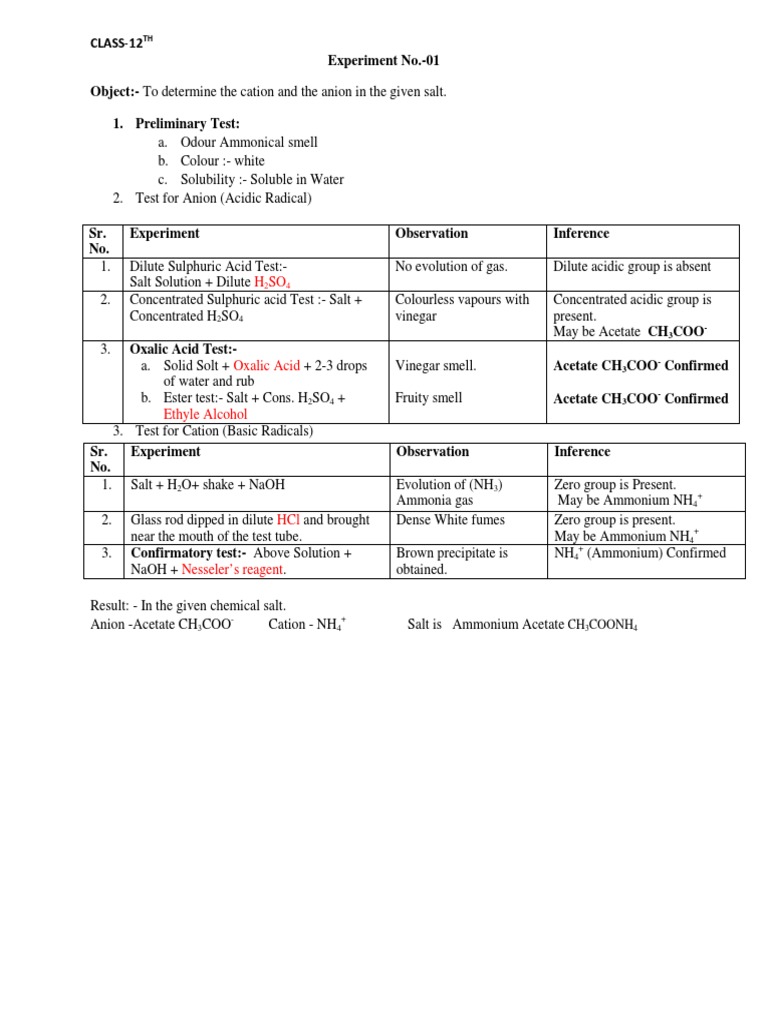 12th Chemistry Cation and Anion Practicals | PDF | Salt (Chemistry ...