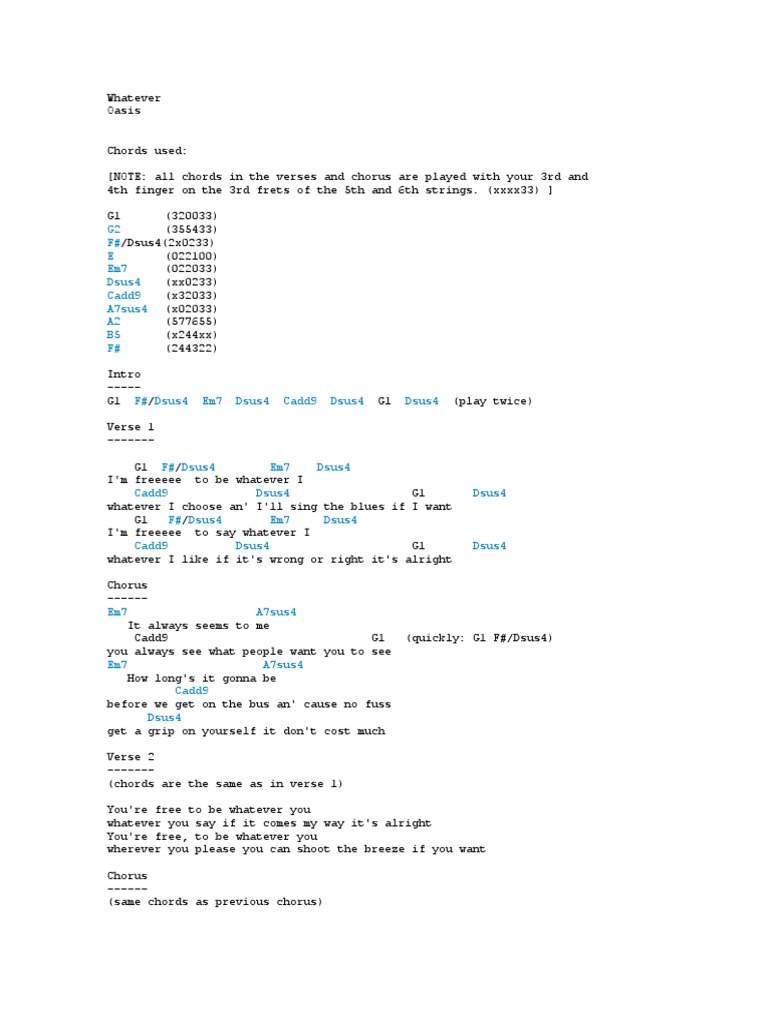 Oasis Chord Chart | PDF | Song Structure | Musical Forms