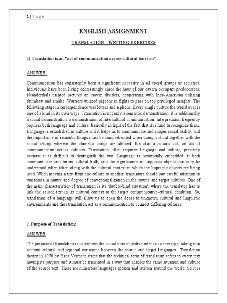 English Assignment: Translation - Writing Exercises | PDF ...