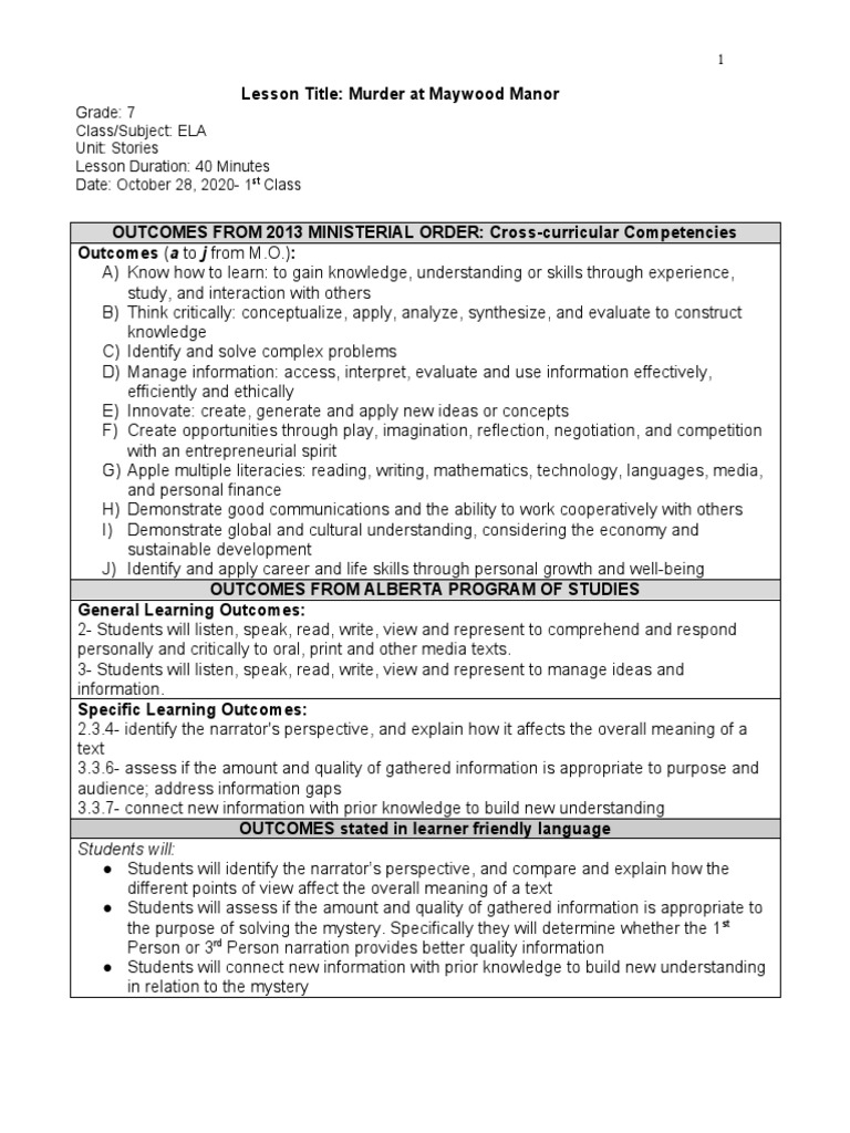 Grade: 7 Class/Subject: ELA Unit: Stories Lesson Duration: 40 Minutes ...