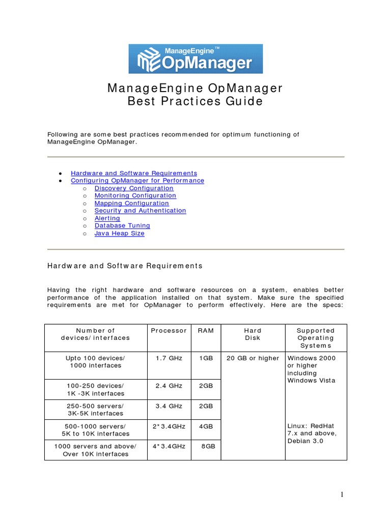 Manageengine Opmanager Best Practices Guide: Hardware and Software Requirements | PDF