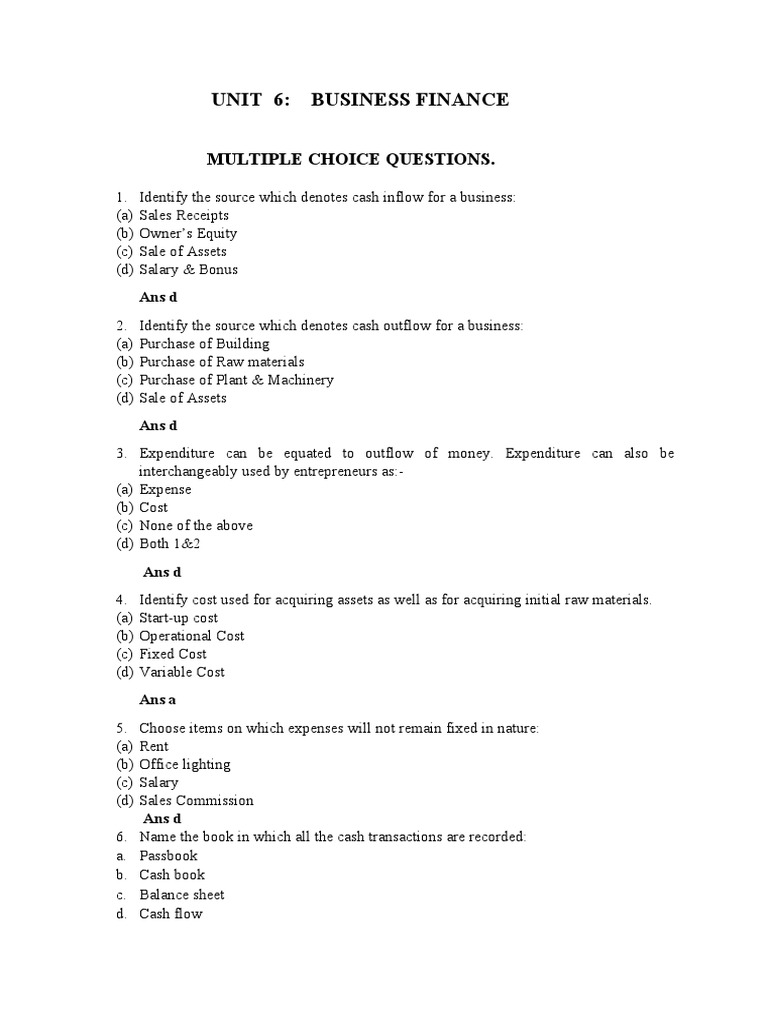 Unit 6: Business Finance: Multiple Choice Questions | PDF | Expense ...